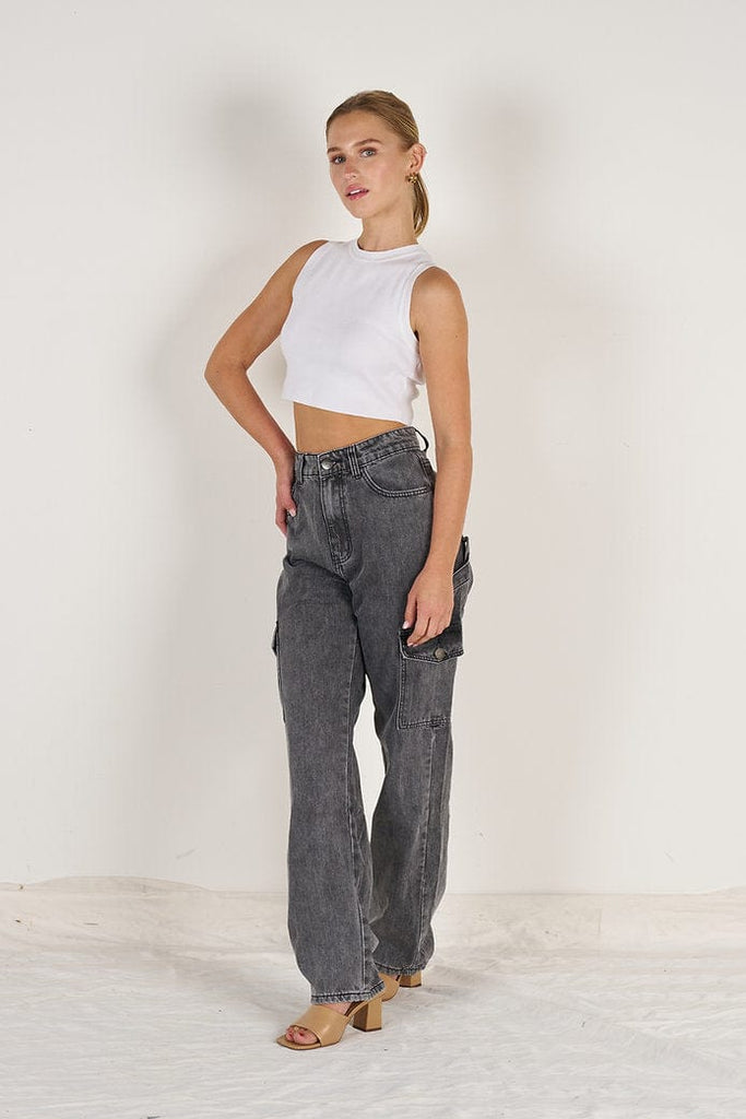 Wakee Denim Cargo Flare Leg Ladies Jean- Charcoal Black 7123