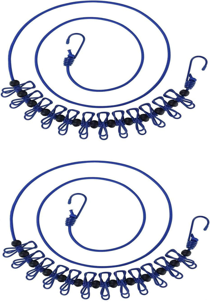 2 Pack 5.84 Feet Windproof Clothesline with 12 Blue Clips, Adjustable