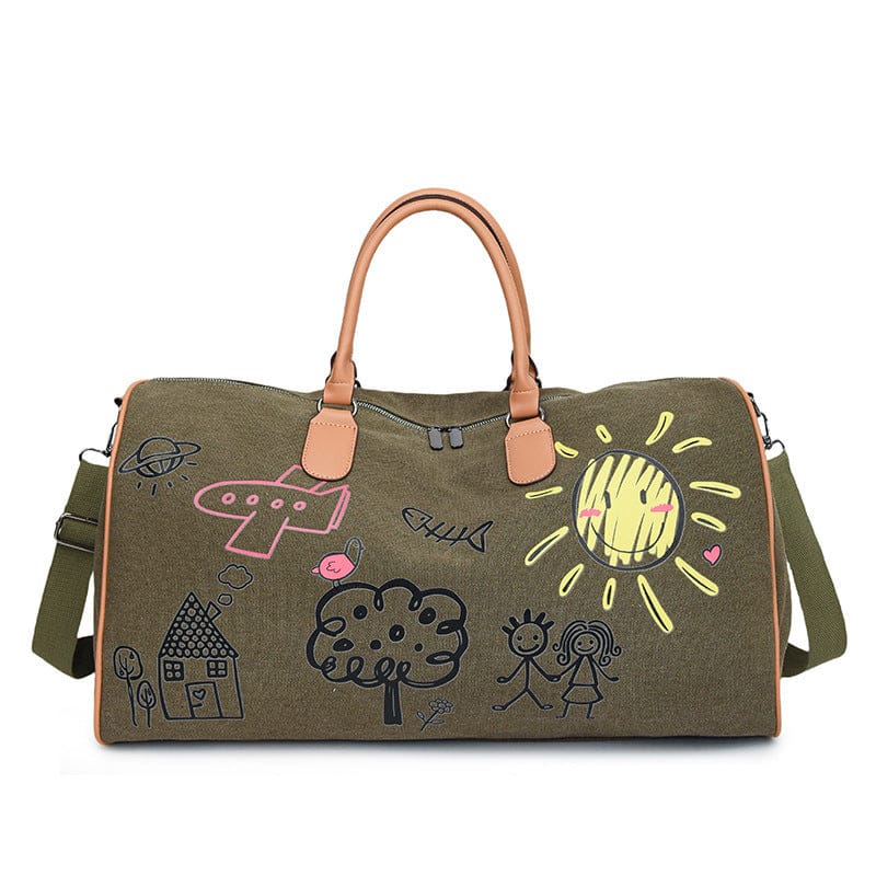 Large Capacity Canvas Travel Duffel Bag with Doodle Print - Weekend