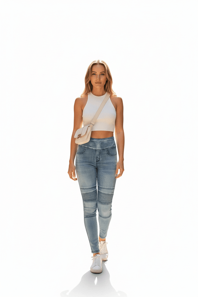 Wakee Denim Stretch Panel Biker Jean Skinny Leg - Blue, Navy, Washed B