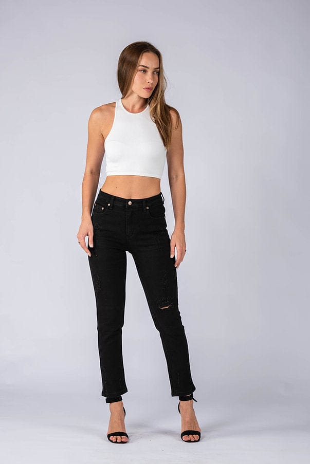 Wakee Black Night Distressed High Rise Straight Leg Jeans