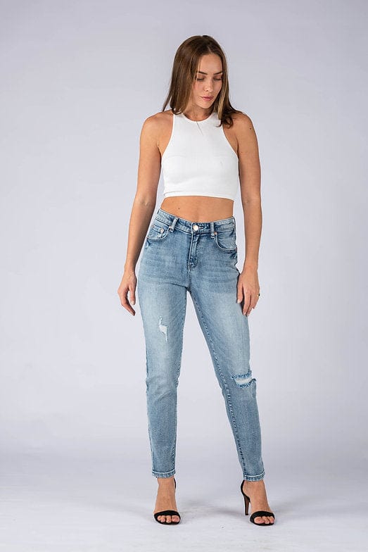 Wakee Distressed High Rise Jeans - Beachy Blue Straight Leg