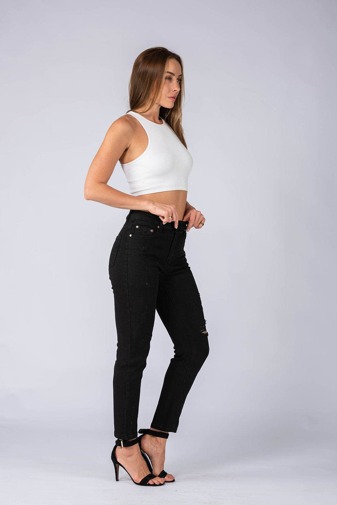 Wakee Black Night Distressed High Rise Straight Leg Jeans