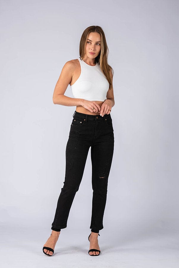 Wakee Black Night Distressed High Rise Straight Leg Jeans