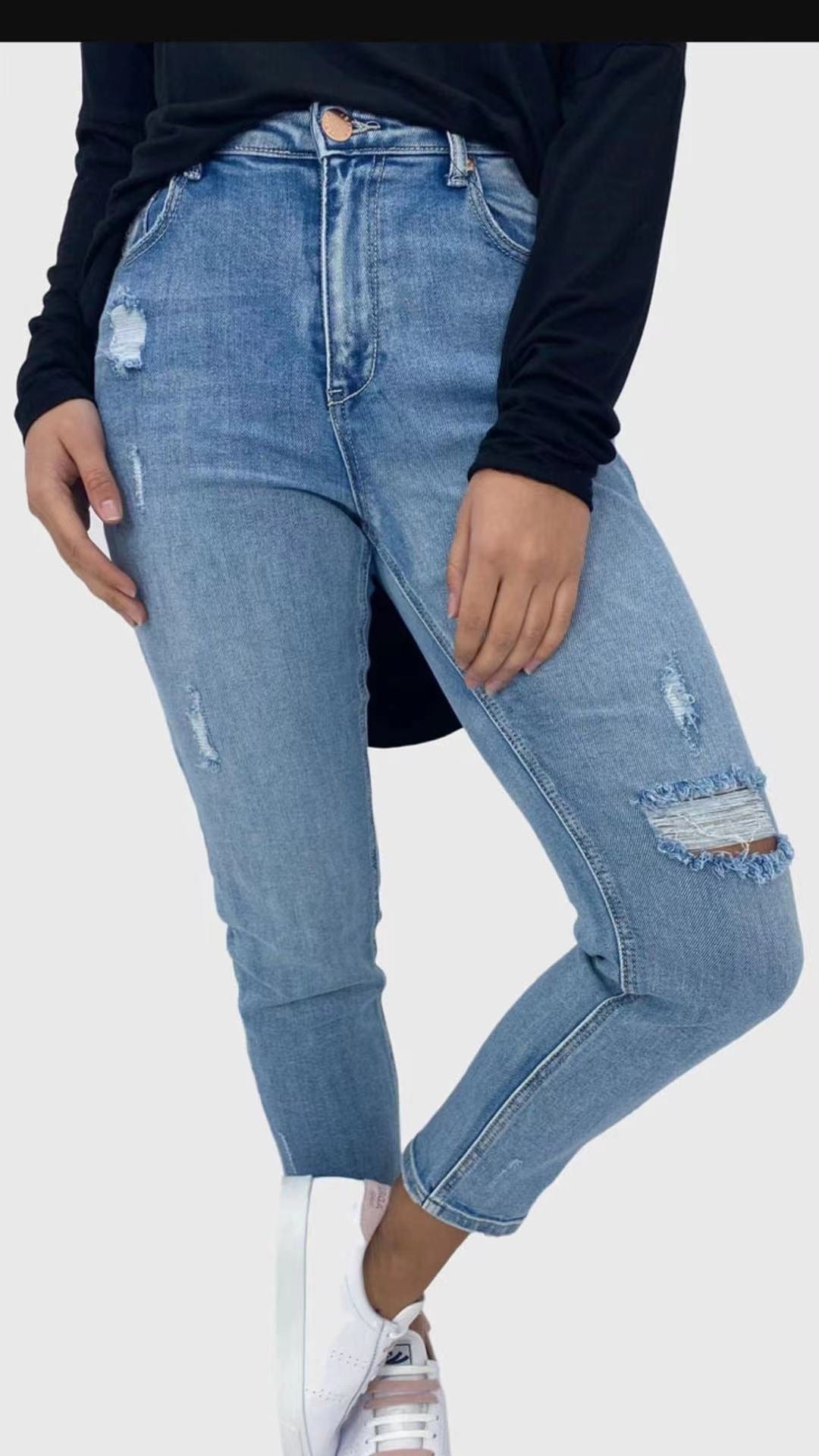 Wakee Denim Blue Jean: High Rise Straight Leg Stretch Fit