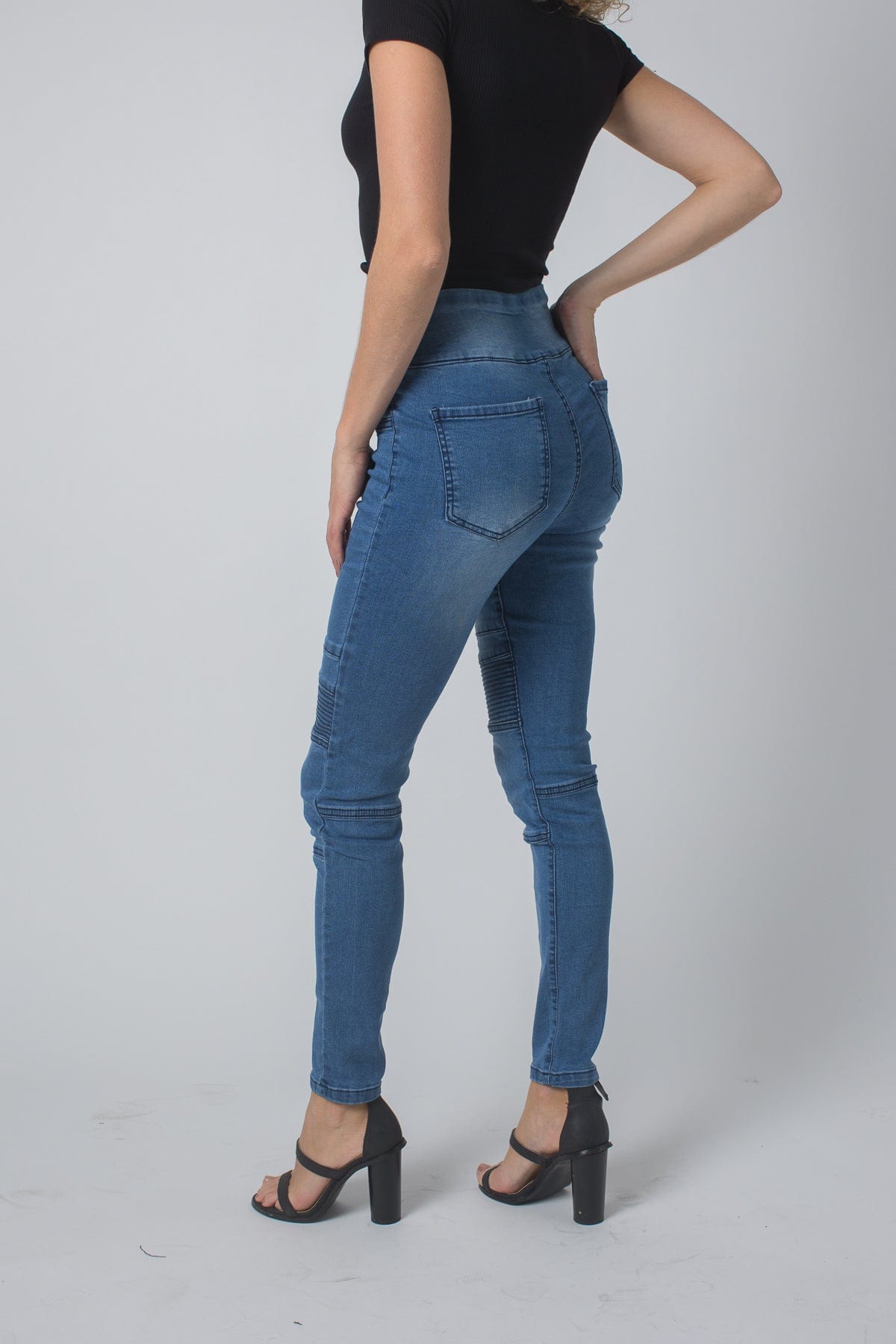 Wakee Denim Stretch Panel Biker Jean Skinny Leg - Blue, Navy, Black, W